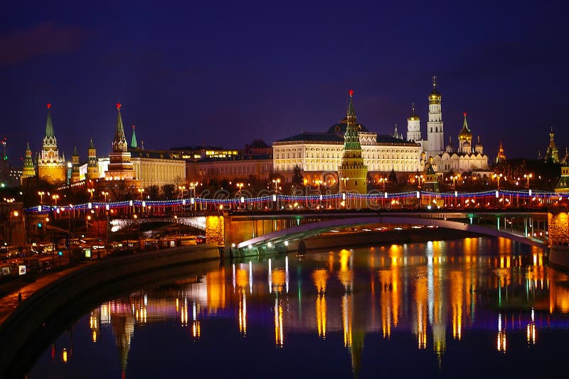 Panoramic Night View of Moscow Kremlin, Russia. Stock Image - Image of ...