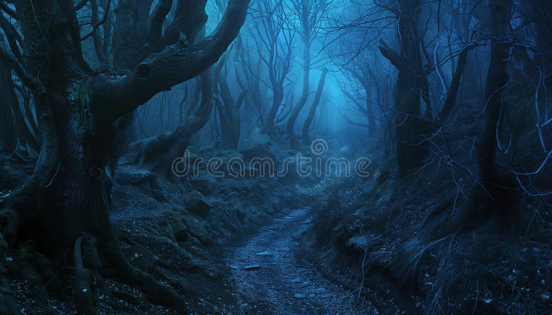 Panoramic Night View of Scary Dark Forest, Magical and Spooky Woods ...