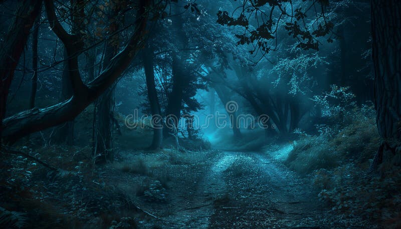 Panoramic Night View of Scary Dark Forest, Magical and Spooky Woods ...