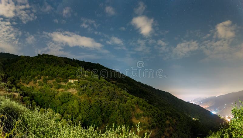 Panoramic Nightscape in the Mountains Stock Image - Image of hills ...