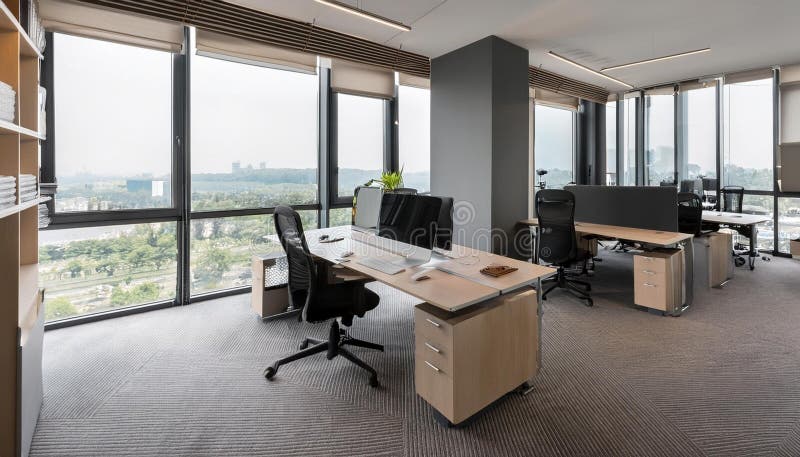 Panoramic Office with Grey and Beige Working Area. Corner View Stock ...