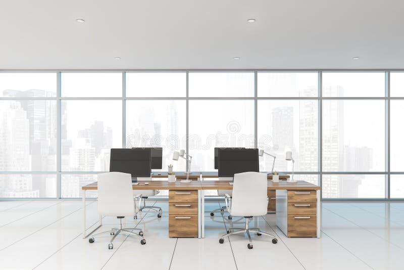 Panoramic Office Interior with Wooden Desks Stock Illustration ...
