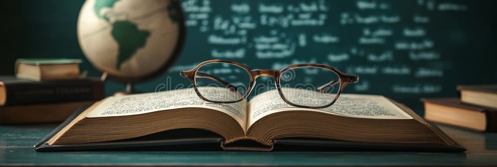 Panoramic Open Book, Glasses Perched on His Nose, Globe beside Him, he ...