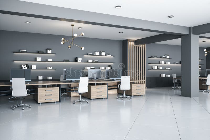 Panoramic Open Space Office with Computers on Wooden Table and Shaelf ...