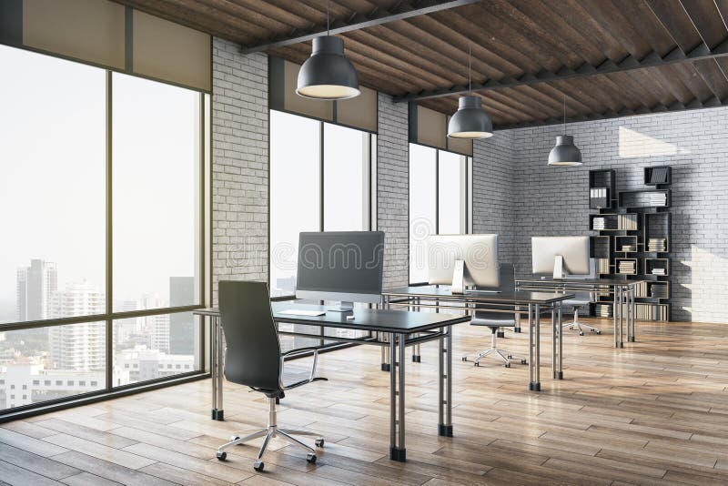 Panoramic Open Space Office with Rows of Computer Tables Stock ...