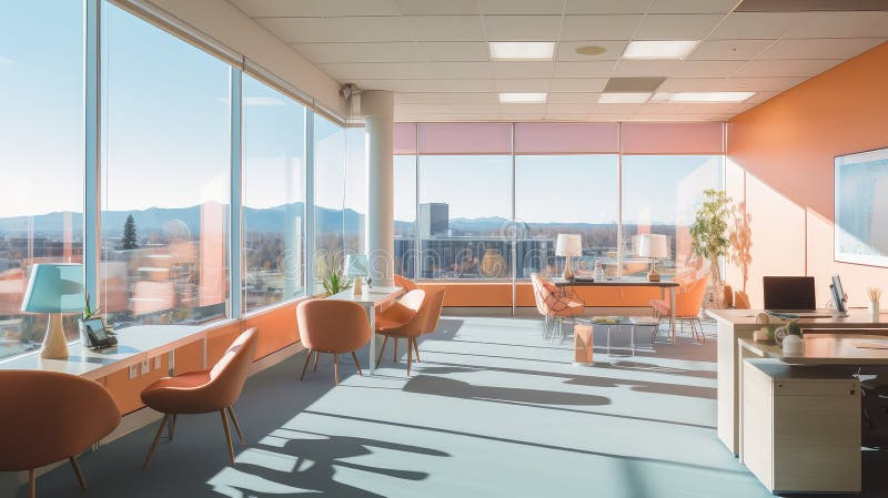 Panoramic peach office stock illustration. Illustration of showcases ...