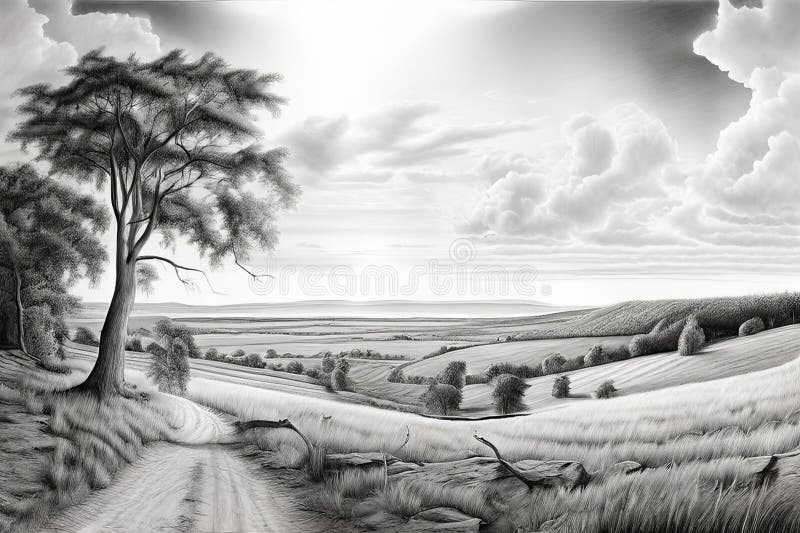 Panoramic Pencil Drawing a Wide Sweeping Scene that Captures a P Stock ...