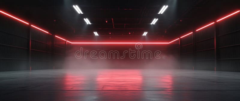 A Panoramic Perspective of a Dark Garage with LED Neon Red Lighting ...
