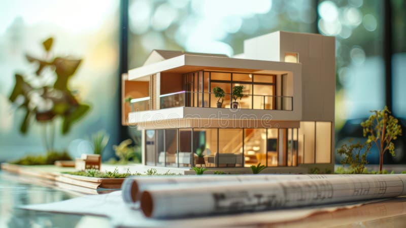 Panoramic Perspective of a Model House with a Rolled Architectural ...