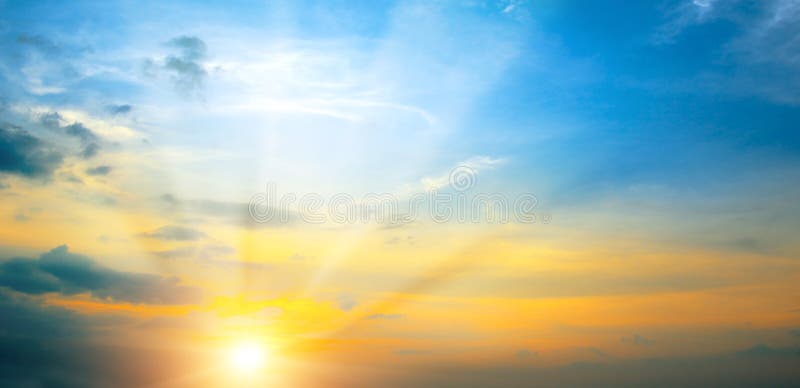 Panoramic Photo Bright Spring Sunset with Blue Sky, Red Sun Stock Photo ...