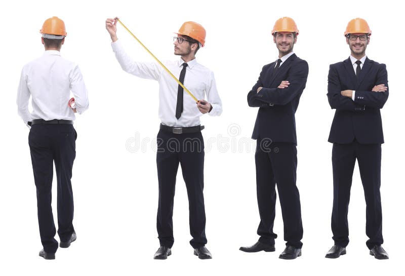 Panoramic Photo Collage of Architect Engineer Isolated on White Stock ...