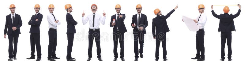 Panoramic Photo Collage of Architect Engineer Isolated on White Stock ...