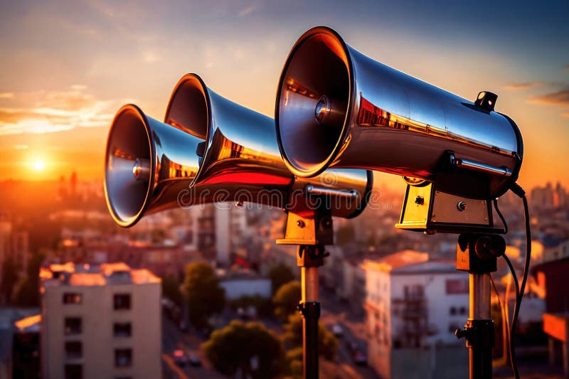 Panoramic Photo of Megaphones Towering Over City at Sunset Stock ...