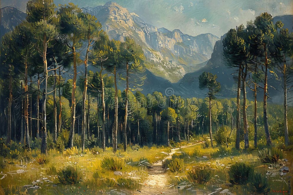 Panoramic Photo of a Pine Forest with Tall Trees and Grass, a Dirt Path ...