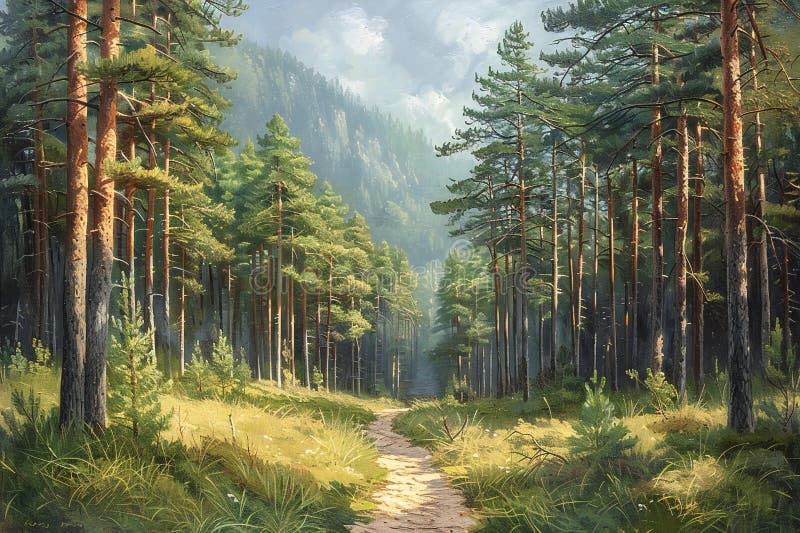 Panoramic Photo of a Pine Forest with Tall Trees and Grass, a Dirt Path ...