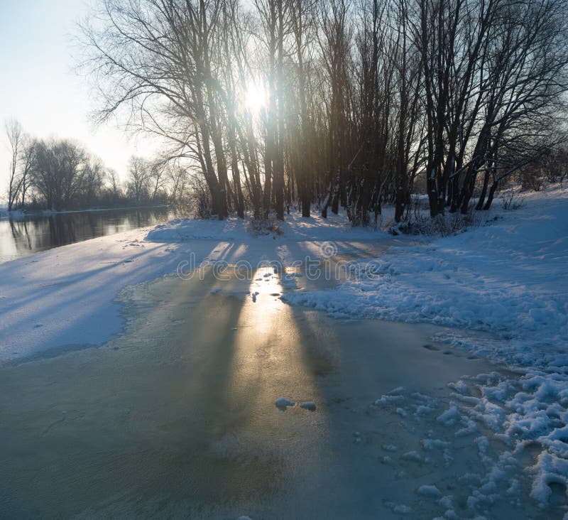 Panoramic Photo of a Winter River on Sunset Stock Image - Image of ...