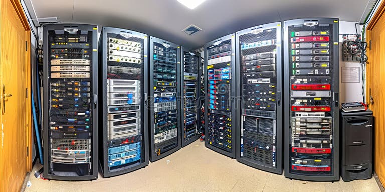 In the Panoramic Picture of a Huge Server Room, the Ranks of Servers ...