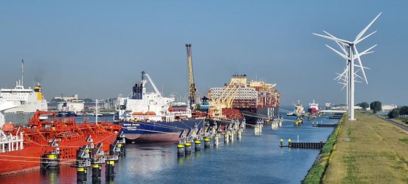 Panoramic Picture from Port Rotterdam with Transport Ships Stock Photo ...