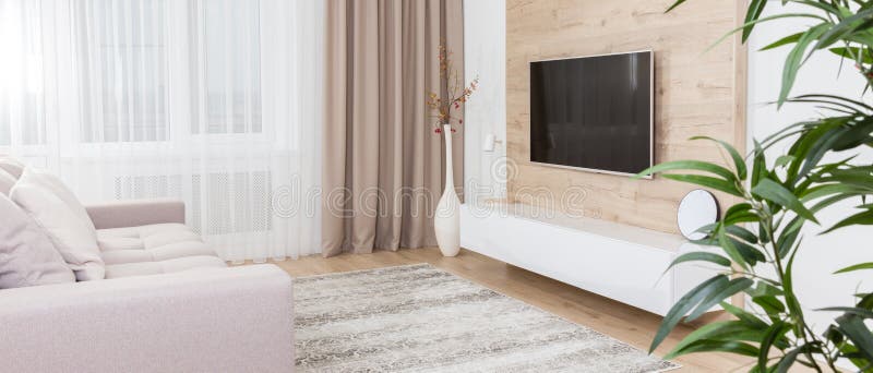 Panoramic Picture of a Spacious Living Room Stock Photo - Image of ...
