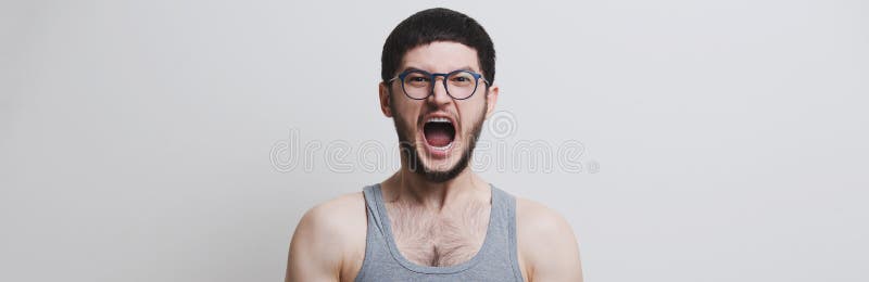 Panoramic Portrait of Young Screaming Guy with Round Eyeglasses ...