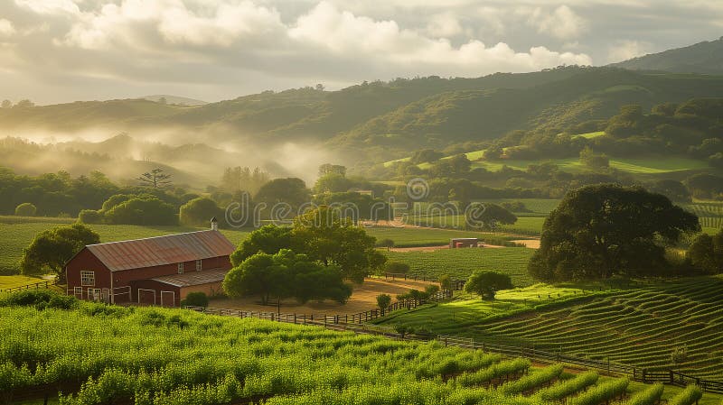Panoramic Ranch Landscape with Horses Grazing on Lush Green Pasture ...