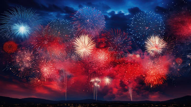 Panoramic Red Blue Fireworks Stock Illustration - Illustration of ...
