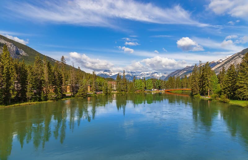 Panoramic Reflections on the Bow River in Banff Stock Image - Image of ...
