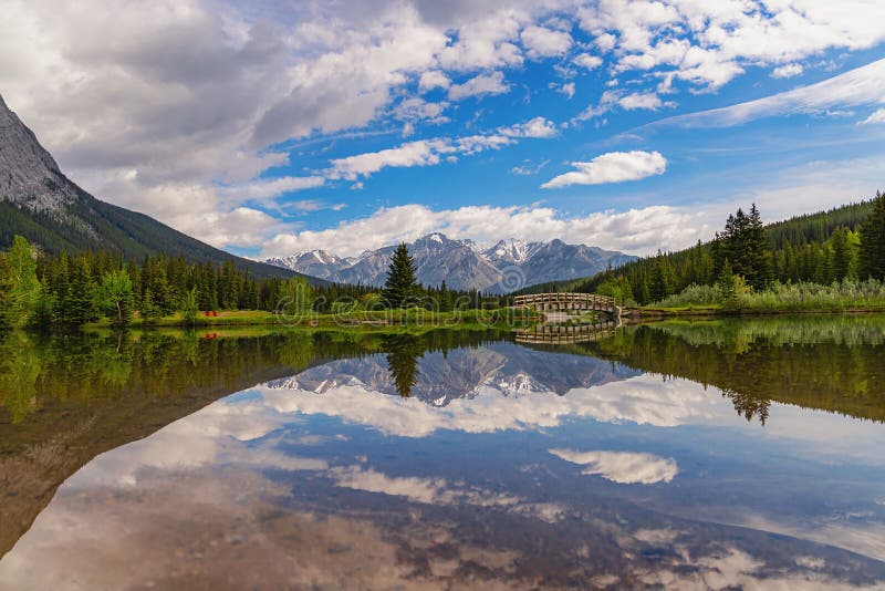 Panoramic Reflections on Cascade Ponds in Banff Stock Image - Image of ...