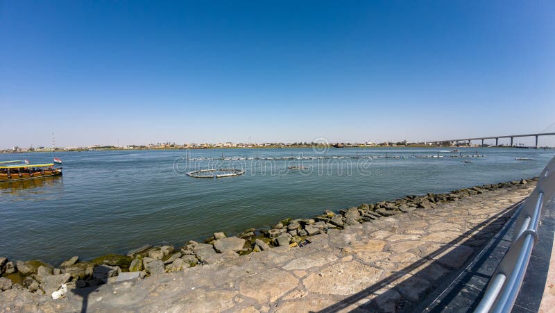 Panoramic River View with Bridge and Town Stock Photo - Image of urban ...