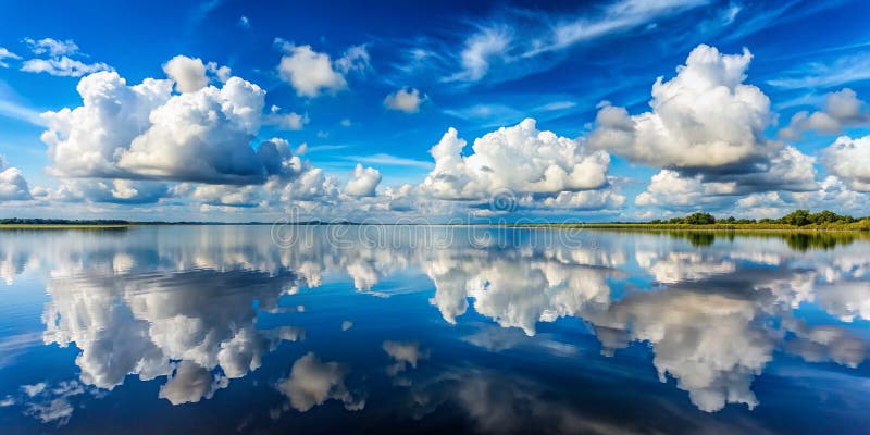 Panoramic Scene Capturing Wide Fluffy Clouds Mirrored in Calm ...