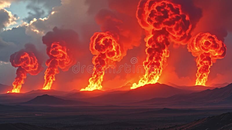 Panoramic Scene Featuring Multiple Red Fire Flares Rising Above a ...