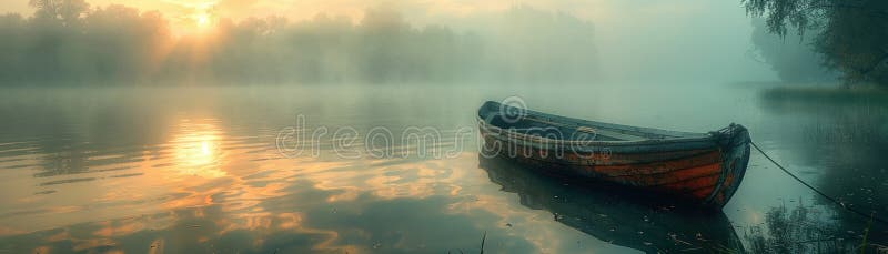 Panoramic Scene of a Magical Boat Trip, Lake Enveloped in Morning Mist ...