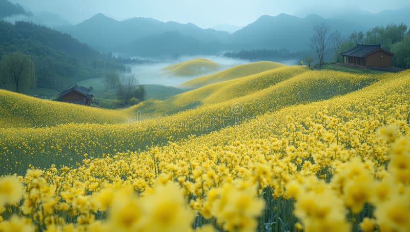 Panoramic Scene of Spring Flower Field during Summer, Beautiful and ...