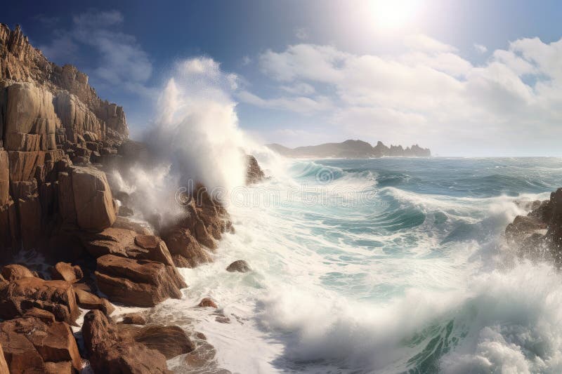Panoramic Seascape Capturing the Raw Power of Crashing Waves Against ...