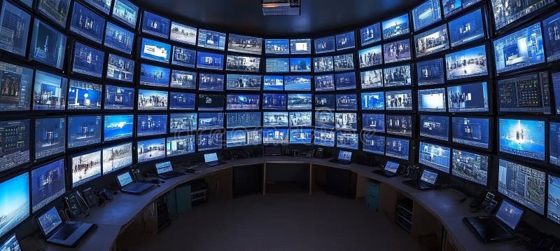 Panoramic Security Control Room with Multiple Screens Displaying ...