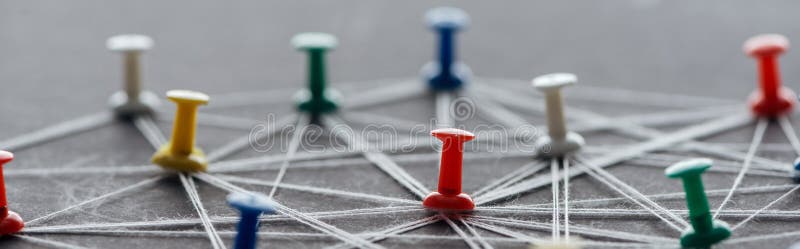 Panoramic Shot of Colorful Push Pins Connected with Strings Isolated on ...