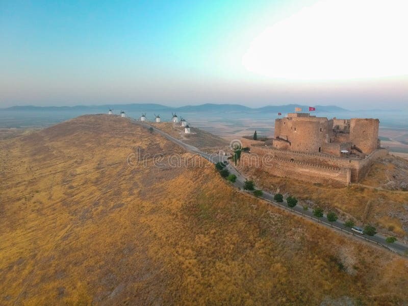 Panoramic Shot of Consuegra Castle on a Hill Top with Windmills at the ...