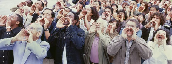 Panoramic Shot of Crowd Shouting with Hands on Face Stock Photo - Image ...