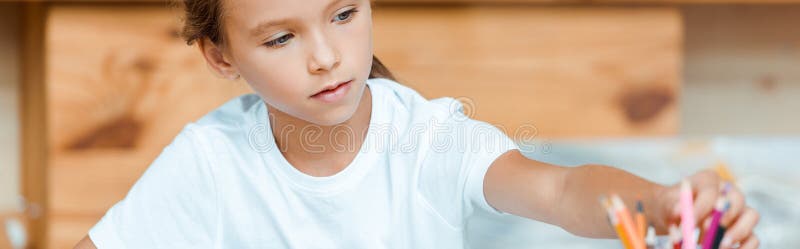 Panoramic Shot of Cute Kid Taking Color Pencils. Stock Photo - Image of ...