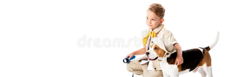 Shot of Explorer Boy Holding Flashlight and Embracing Beagle Dog ...