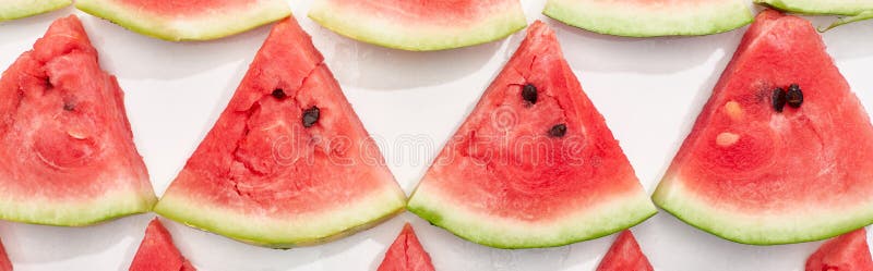 Panoramic Shot of Fresh Watermelon Slices in Rows on White Background ...