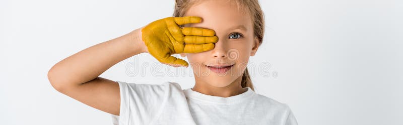 Panoramic Shot of Kid with Paint on Hand Covering Face on White. Stock ...