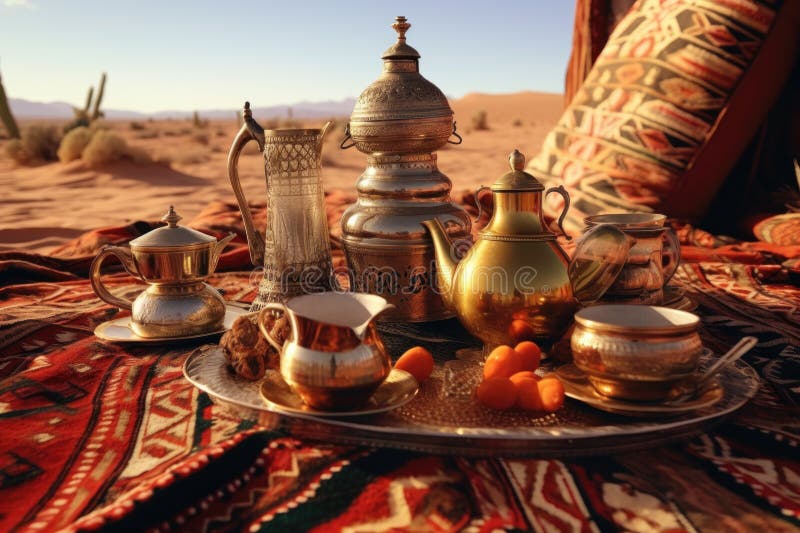 A Panoramic Shot of a Moroccan Tea Set Up in a Desert Setting Stock ...