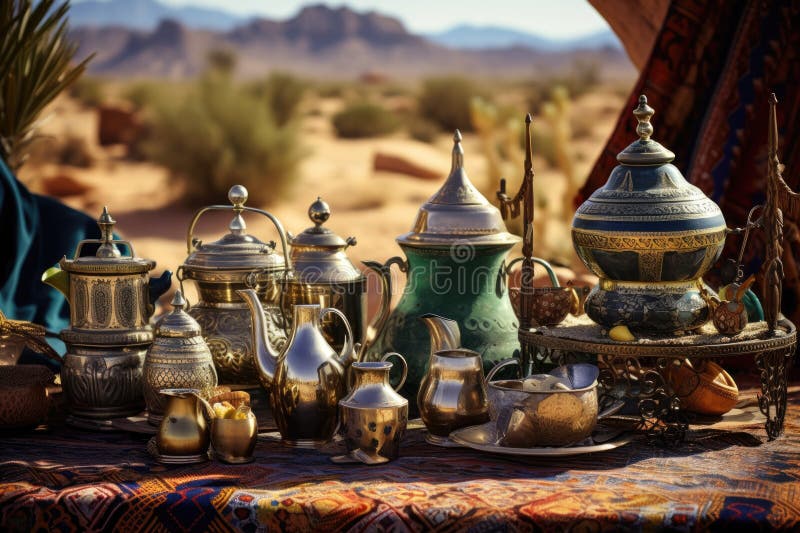 A Panoramic Shot of a Moroccan Tea Set Up in a Desert Setting Stock ...
