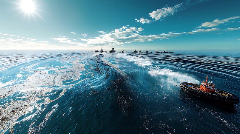 Panoramic Shot of Ocean Rescue Operation with Tugboats Navigating Waves ...