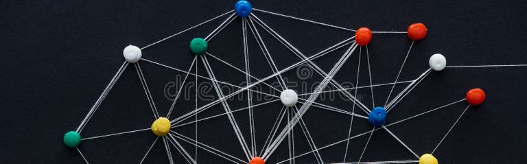 Panoramic Shot of Push Pins Connected with Strings Isolated on Black ...