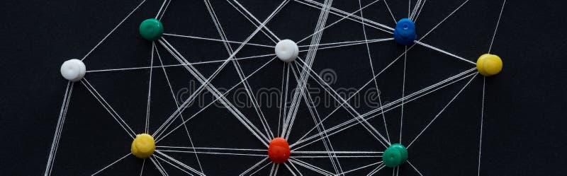 Panoramic Shot of Push Pins Connected with Strings Isolated on Black ...