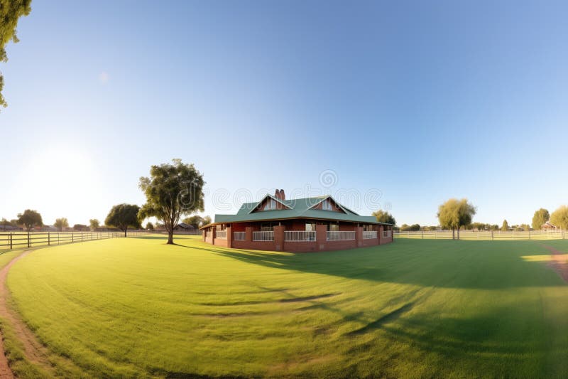 Panoramic Shot of Ranch with Brick and Green Lawn Stock Photo - Image ...