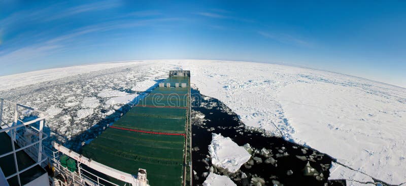 Panoramic Shot of a Ship Navigating in Ice. Stock Image - Image of wide ...