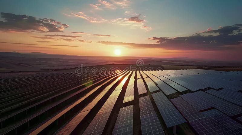 A Panoramic Shot of a Solar Farm at Sunset, with Rows of Solar Panels ...